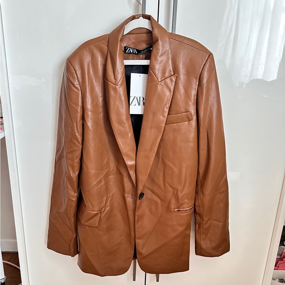 Zara | Jackets & Coats | Zara Tan Faux Leather Jacket | Poshmark